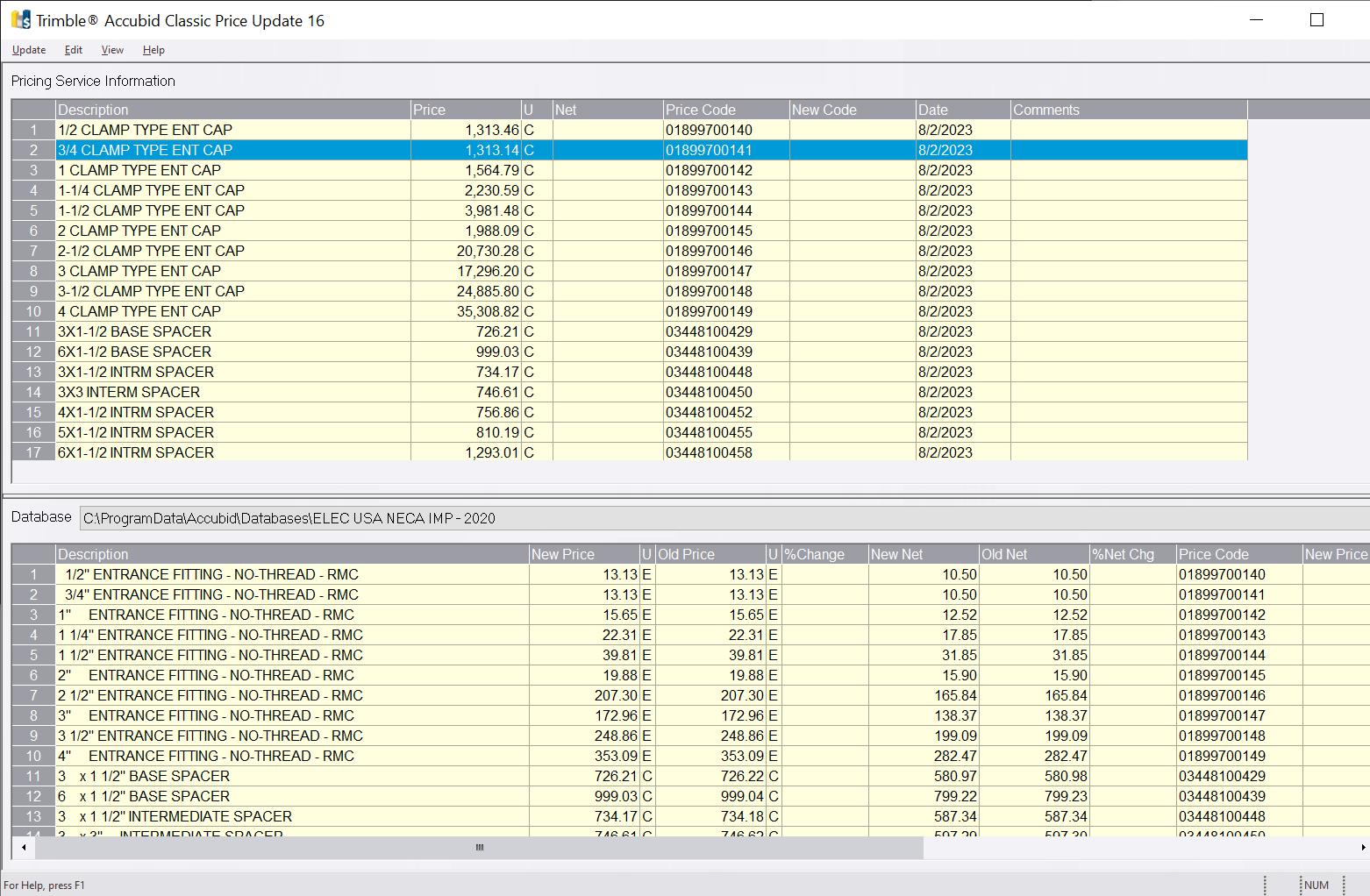 Accubid Classic Updating pricing with Trade service